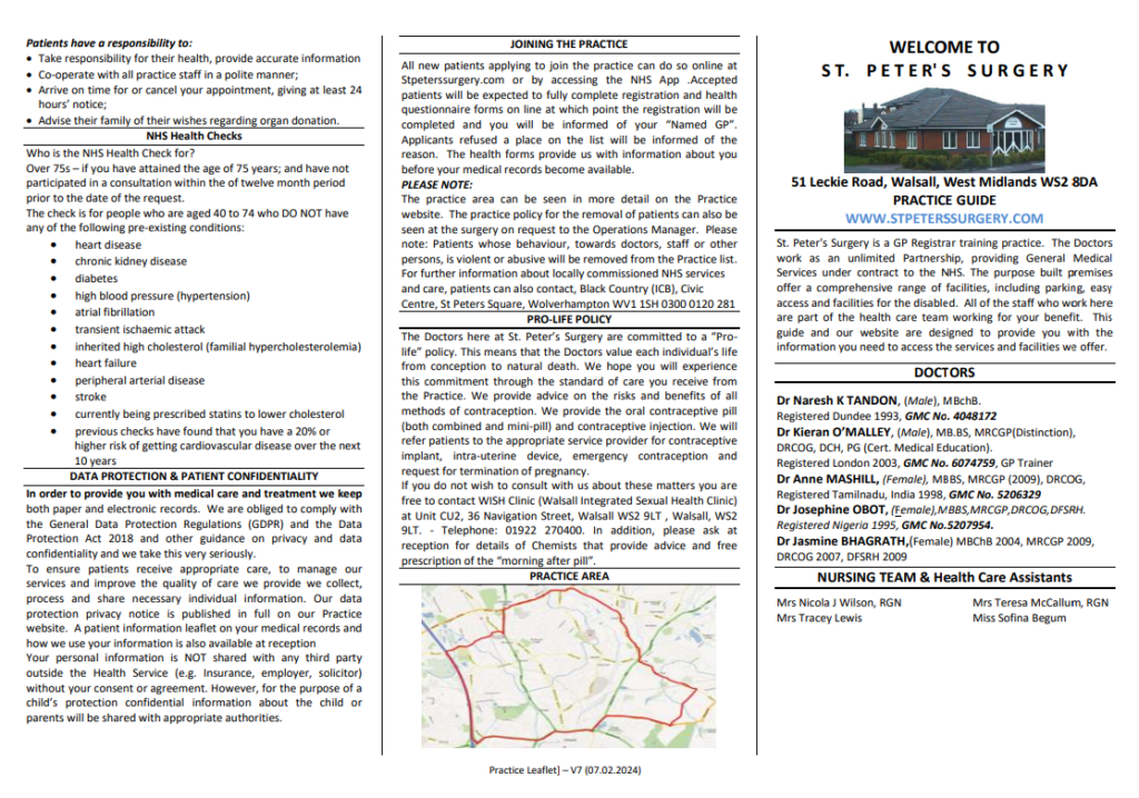 Practice Leaflet - St Peter's Surgery – Walsall